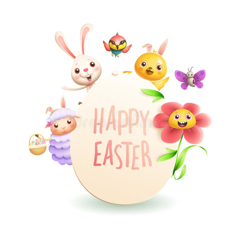 Easter Greeting Card - Animal Characters on Egg Shape Celebrate Easter ...