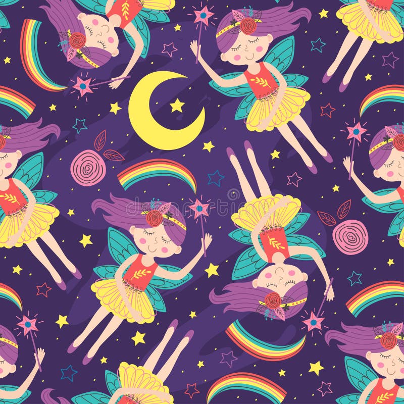 Seamless Pattern with Magic Night Fairy Stock Vector - Illustration of ...