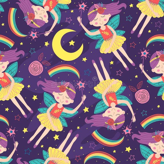 Seamless Pattern with Magic Night Fairy Stock Vector - Illustration of ...