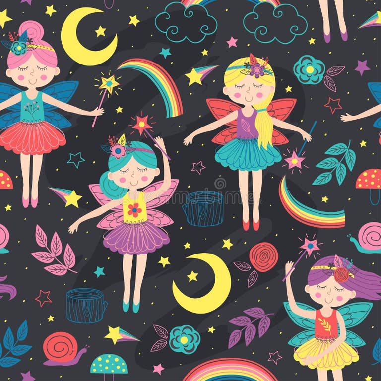 Seamless Pattern with Magic Night Fairies Stock Vector - Illustration ...