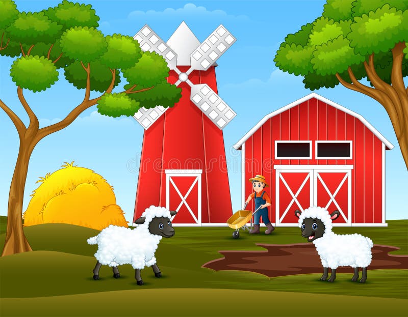 Cartoon Happy Farmer and Sheep in the Farm Stock Vector - Illustration ...