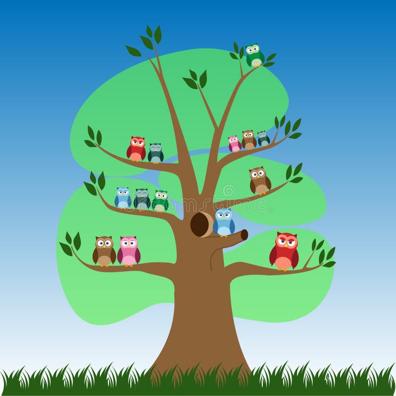 Cute Cartoon Owls on Tree - Vector Stock Illustration - Illustration of ...