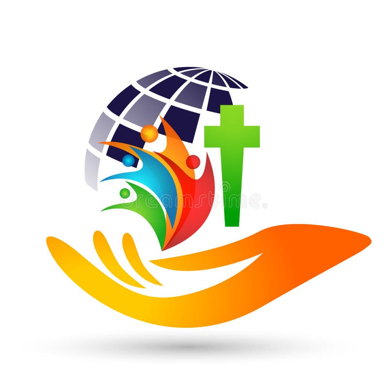 Church Care Globe People with Hand Logo Icon Cross Love Symbol on White ...