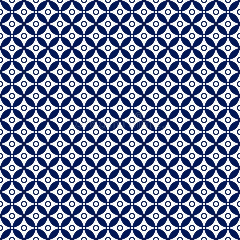 Seamless Dark Blue Geometric Flowers and Circles Pattern in White ...