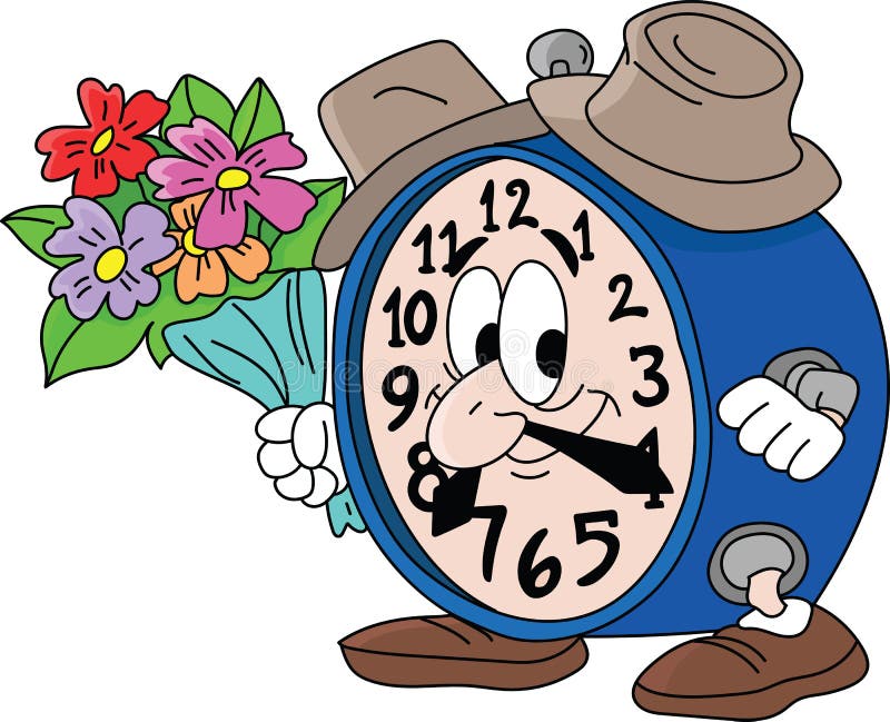 Cartoon Clock Holding a Bouquet of Flowers Going on a Date with His ...