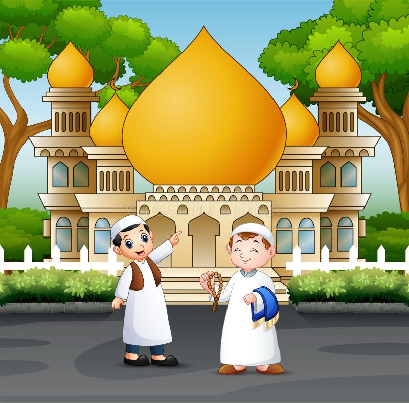 Cartoon Two Muslim Peoples in Front a Mosque Stock Vector ...