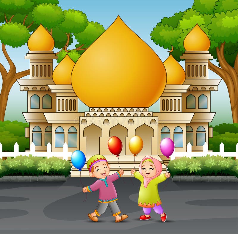 Happy Muslim Kids Cartoon Playing in Front of a Mosque Stock Vector ...