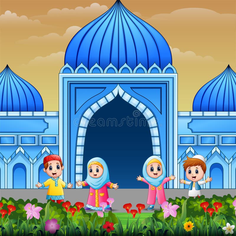 Cartoon of Muslim Kid in Front the Mosque Stock Vector - Illustration ...