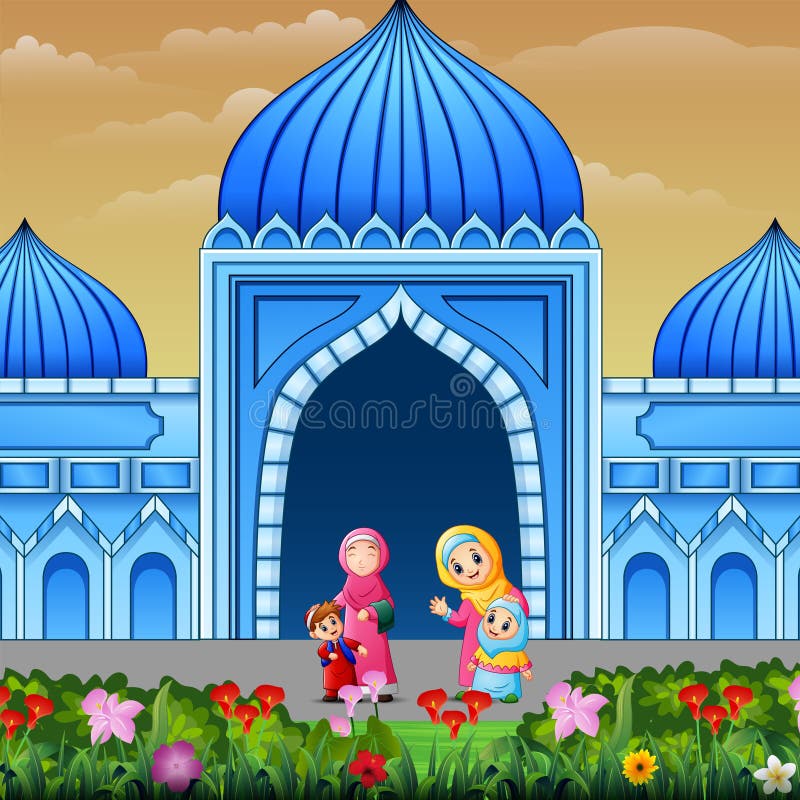 Cartoon of Muslim People Posing in Front the Mosque Stock Vector ...