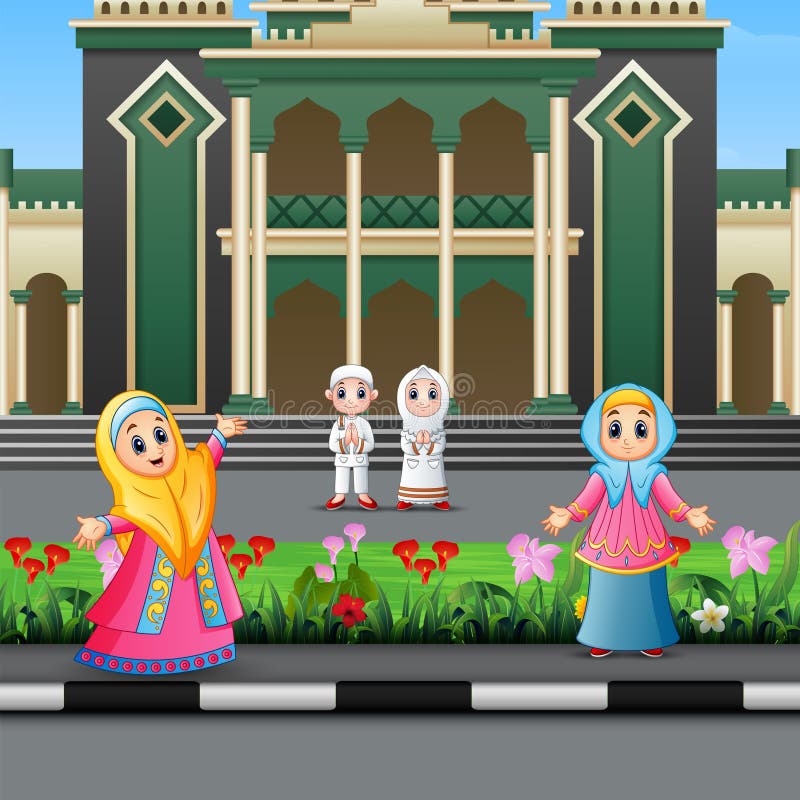 Happy Muslim People Cartoon in Front of a Mosque Stock Vector ...