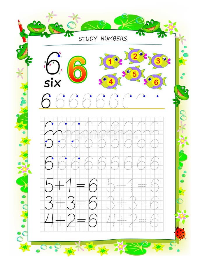 Educational Page on Square Paper for Kids with Number 6. Printable ...