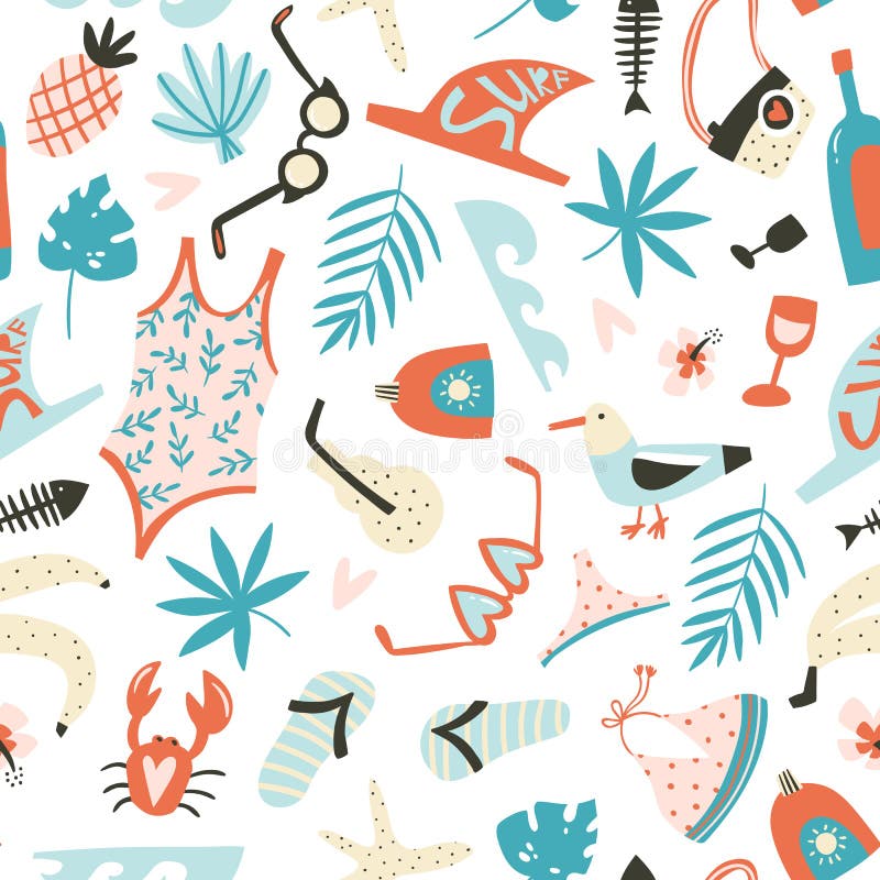 Set of Summer Things on the Beach. Vector Tropical Vacation Seamless ...