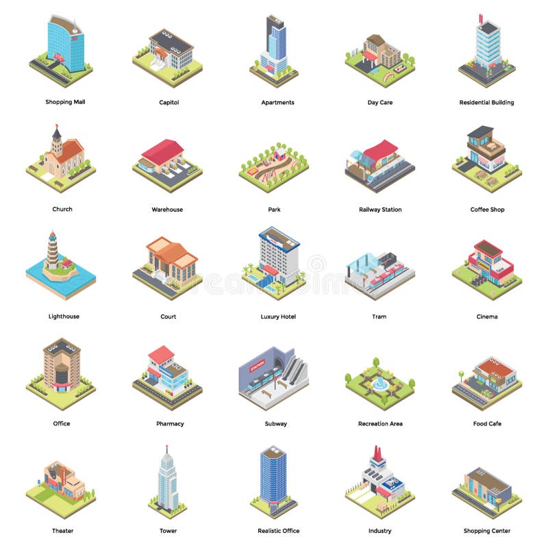 Building Isometric Icons Set Stock Vector - Illustration of city, town: 237496751
