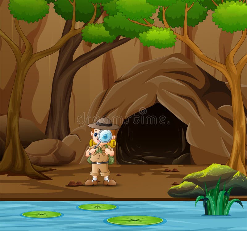 Boy Explorer Standing Near the Cave Stock Vector - Illustration of ...