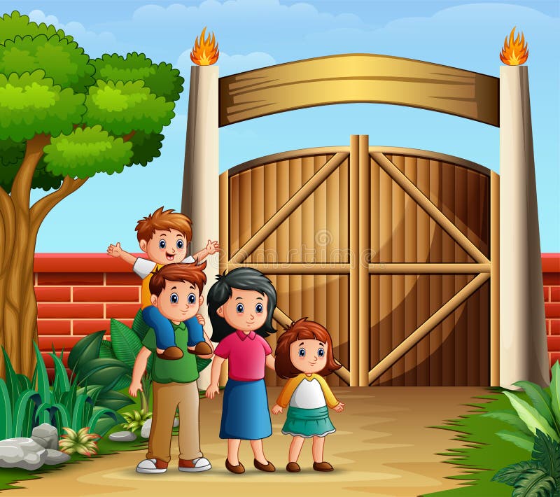 Family Cartoon in the Entrance Gates Stock Vector - Illustration of ...