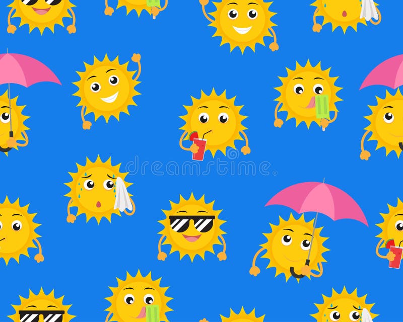 Seamless Pattern of Cartoon Sun Mascot in Different Pose Stock ...
