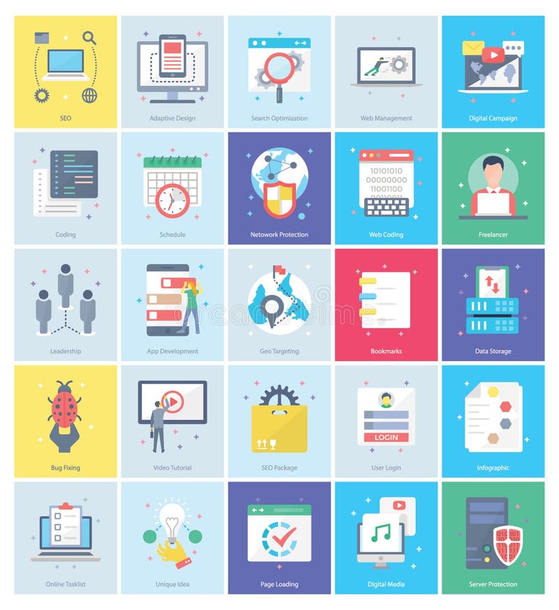 SEO and Digital Marketing Flat Icons Set Stock Vector - Illustration of ...