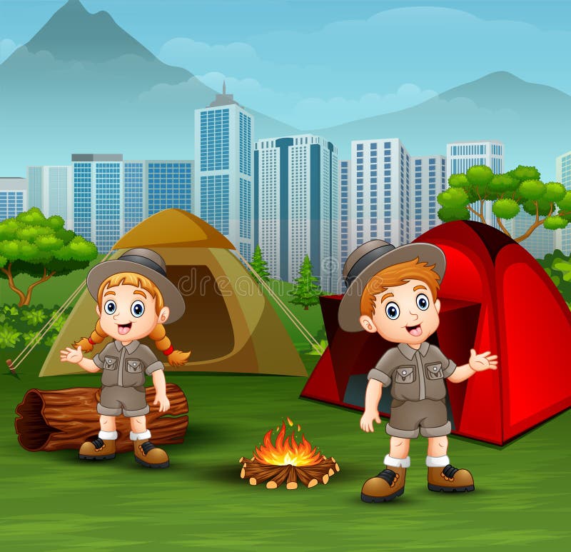 Cartoon Kids in Explorer Outfit Camping Out at City Park Stock Vector ...