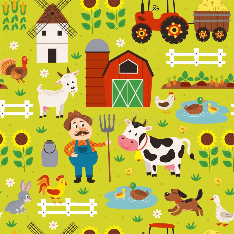 Farmer and Farm Animals Riding a Tractor with a Trailer Stock Vector ...