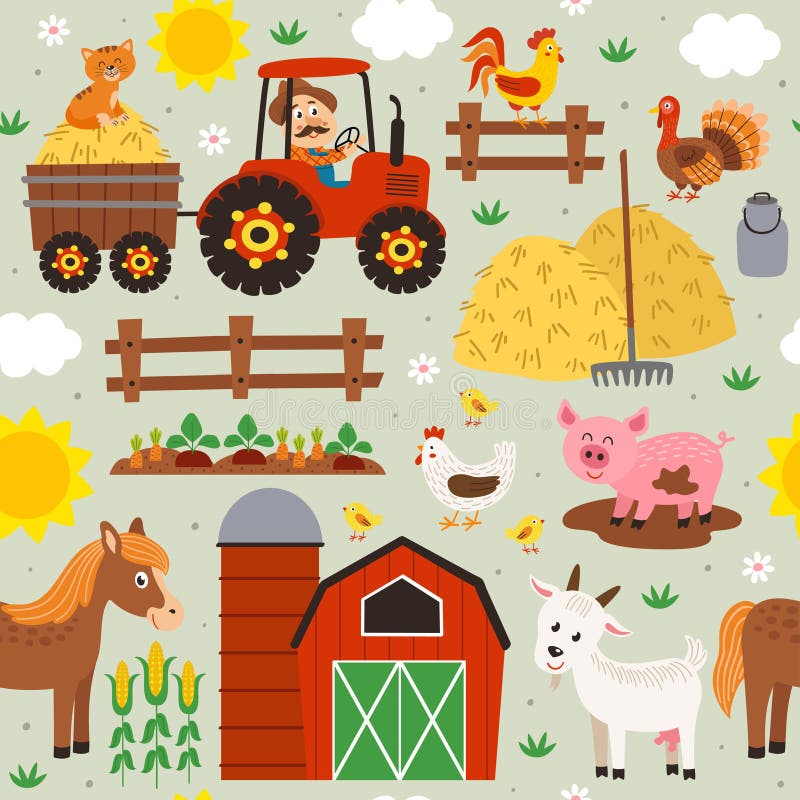 Seamless Pattern with Farmer Riding a Tractor and Farm Animals Stock ...