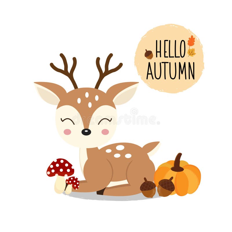 Hello Autumn and Cartoon Deer Animal. Stock Illustration - Illustration ...