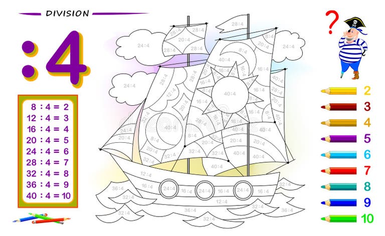 Division by Number 4. Math Exercises for Kids. Paint the Picture ...