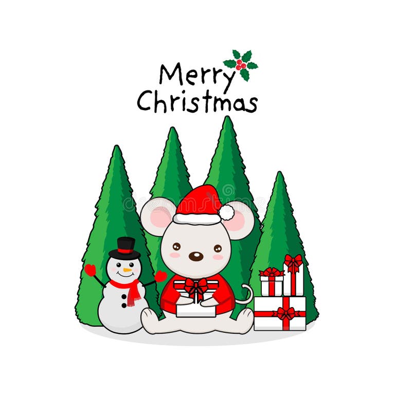 Merry Christmas Greeting Card. Little Mouse Holding Gift Box Stock ...