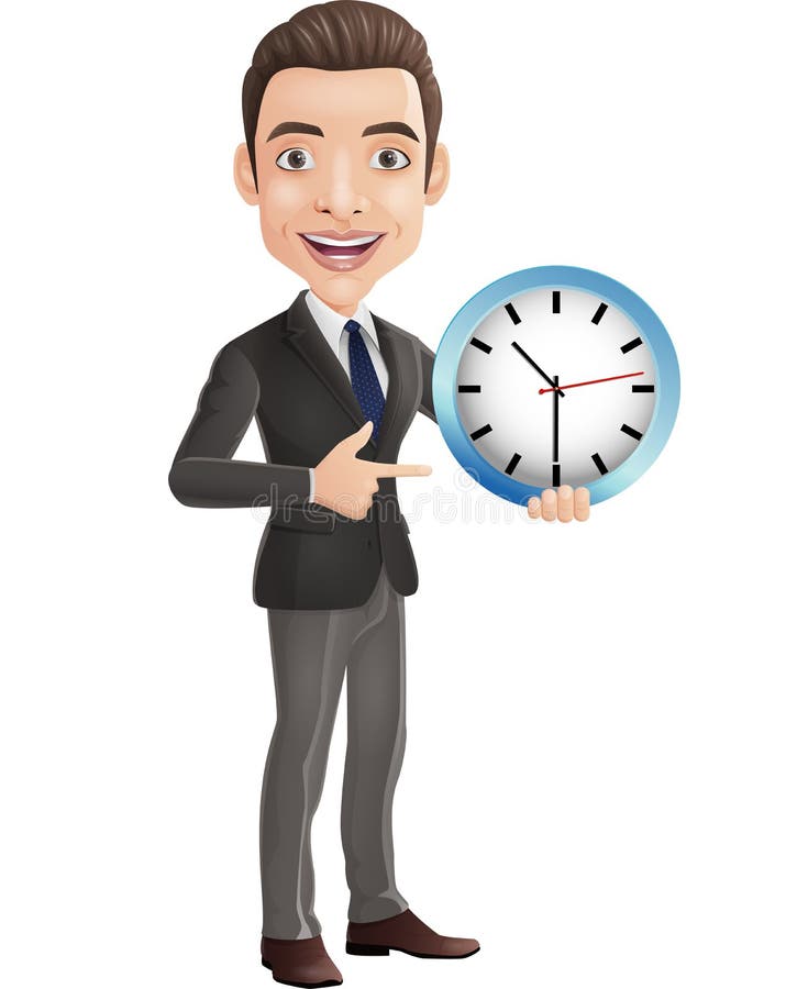 Cartoon Happy Young Businessman Holding and Pointing a Wall Clock Stock ...