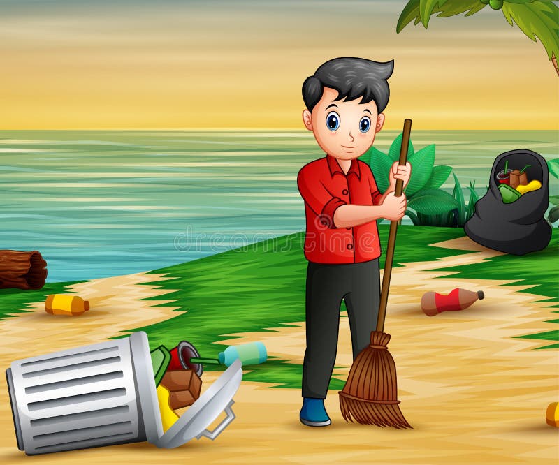 Volunteer Man Sweeping Trash on the Beach Stock Vector - Illustration ...