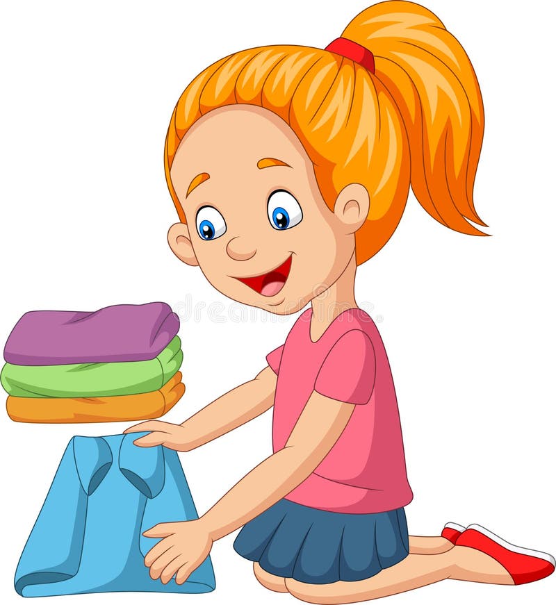 Cartoon Little Girl Folding a Clothes Stock Vector - Illustration of ...