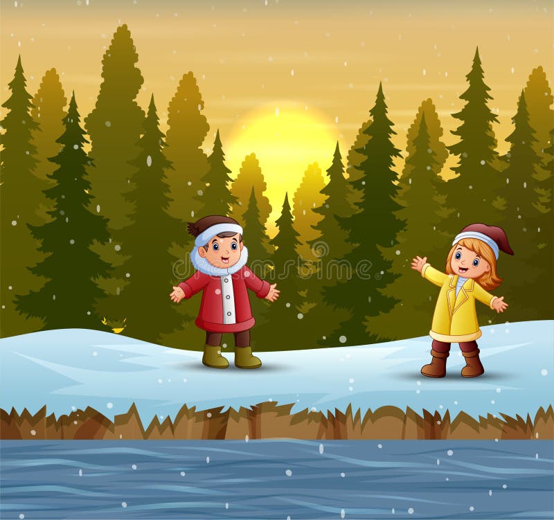 Children on a Frozen River Bank in the Middle of Forest Stock Vector ...