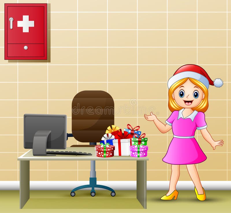 A Woman Wearing Santa Claus Hat while Working in Office Stock Vector ...