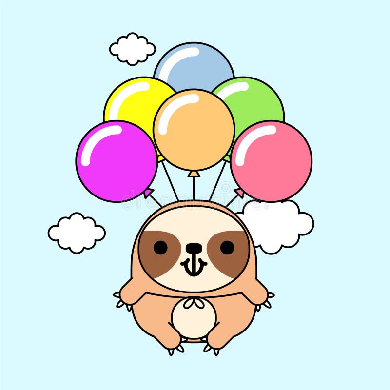 Cute Cartoon Sloth with Colorful Balloons. Birthday Card Design Stock ...