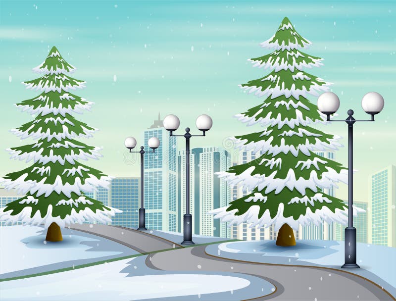 Illustration of Snowy Road To the City Stock Vector - Illustration of ...