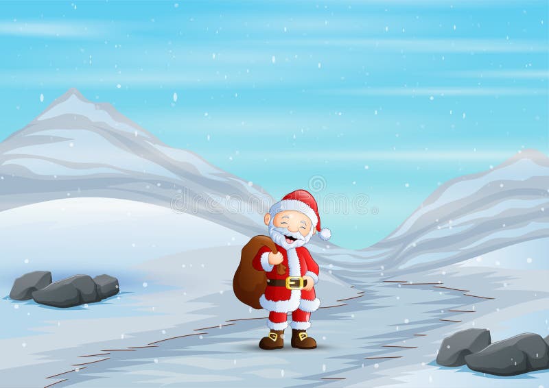 Santa Claus Walking through Snowy Road in Winter Stock Vector ...