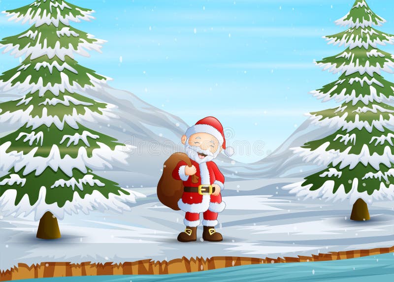 Santa Claus Walking with Bag on Snowy Road Stock Vector - Illustration ...
