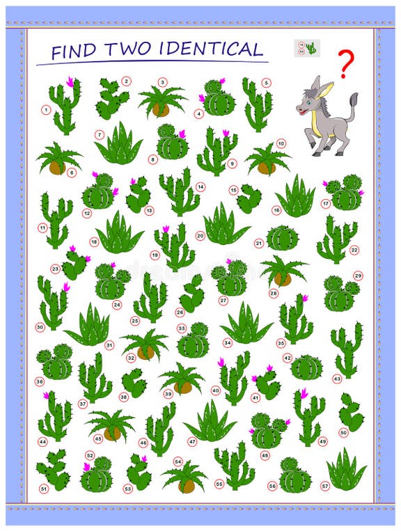 Help the Donkey Find 2 Identical Cactus. Logic Puzzle Game for Children ...