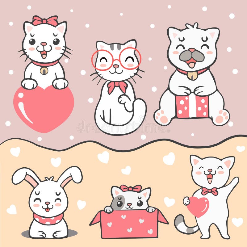 Group of Cute Kawaii Cat Rabbit and Dog Stock Vector - Illustration of ...