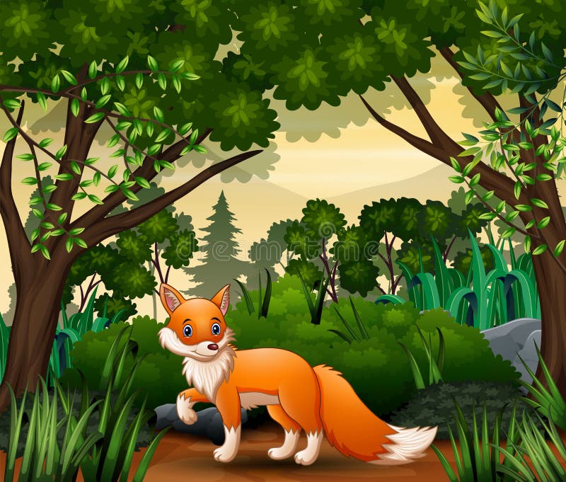 Fox in the forest scene stock vector. Illustration of animal - 115175211