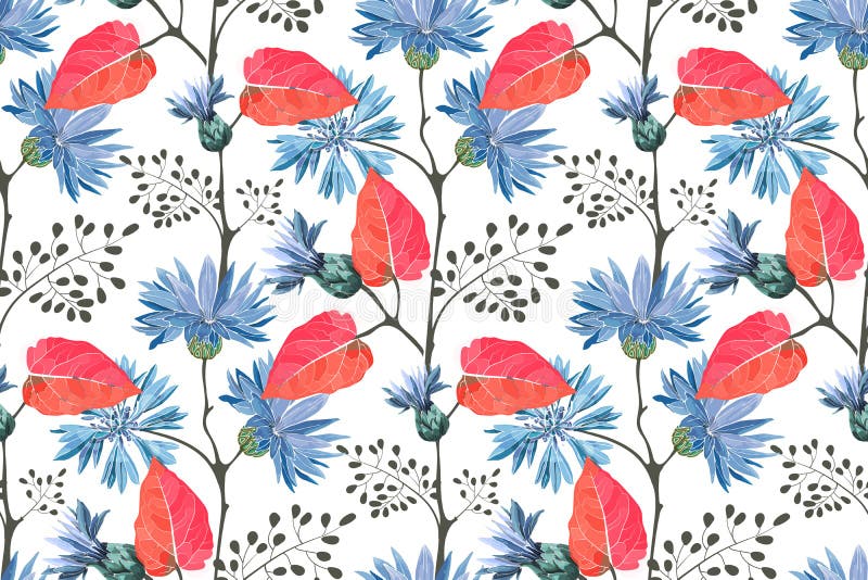 Art Floral Vector Seamless Pattern. Blue Flowering Cornflower, Stock ...