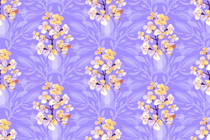 Art Floral Vector Seamless Pattern. Overlay Purple Branches, Leaves ...