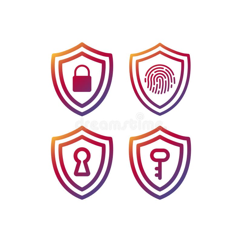 Shield with Key, Keyhole, Fingerprint and Padlock Isolated Vector Icon ...