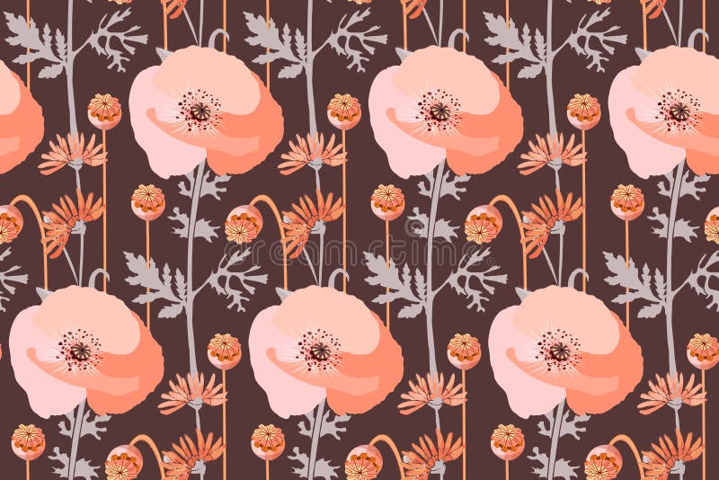 Vector Floral Seamless Pattern in Retro Style. Coral Color Poppies with ...
