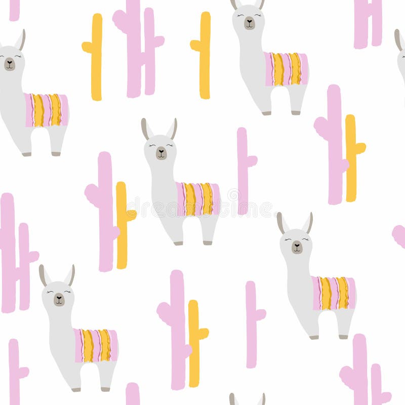 Cute Lama with Cacti Seamless Pattern on White Background. Vector Baby ...