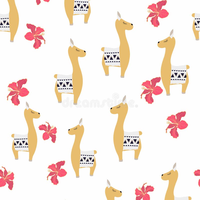 Cute Lama with Cacti Seamless Pattern on White Background. Vector Baby ...