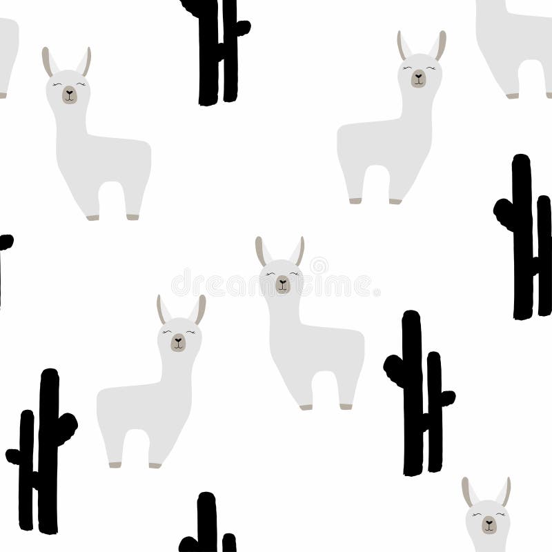 Cute Lama with Cacti Seamless Pattern on White Background. Stock ...