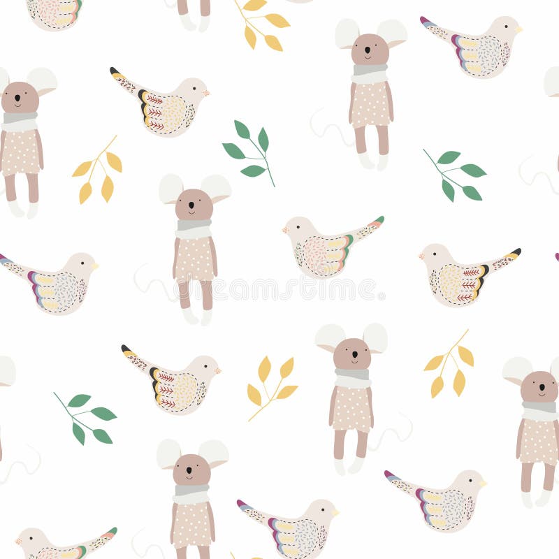 Fashion Mouse and Birds Seamless Pattern. Cute Mouse Illustration in ...