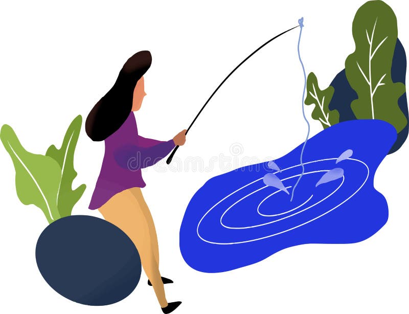 Illustration of a Woman Fishing To Practice Patience with Cool Natural ...