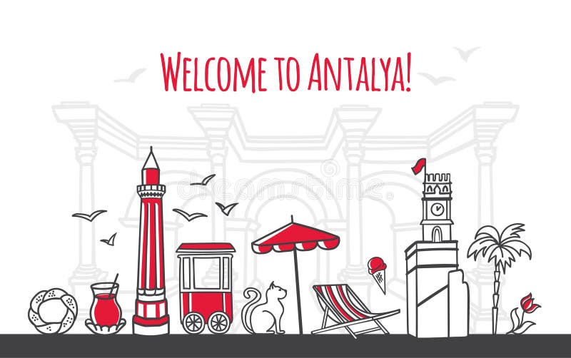 Welcome To Antalya. Modern Vector Illustration of Famous Symbols of the ...
