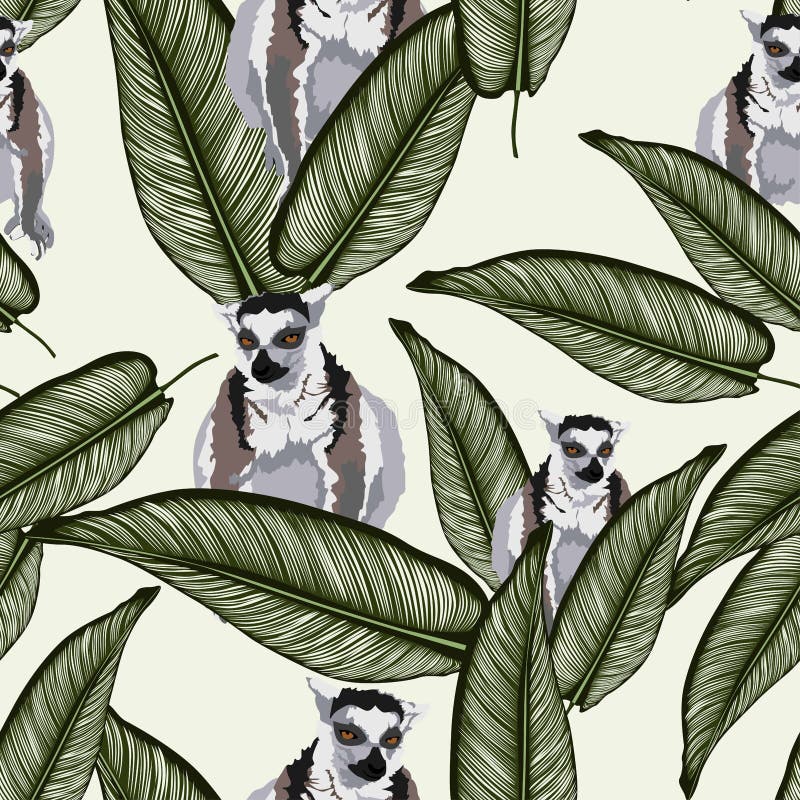 Grey Lemur with Exotic Palm Leaves Seamless Repeating Pattern ...
